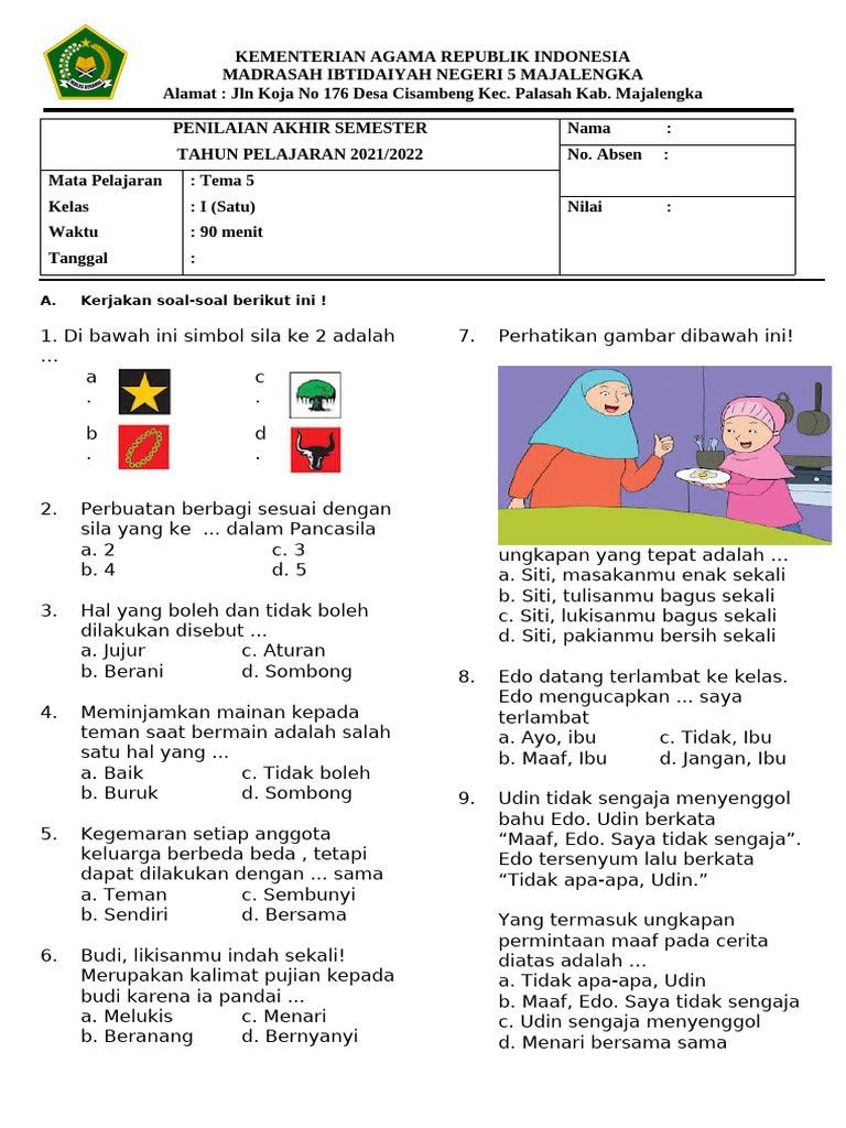 Soal PAS Kelas 1 Tema 5 | PDF