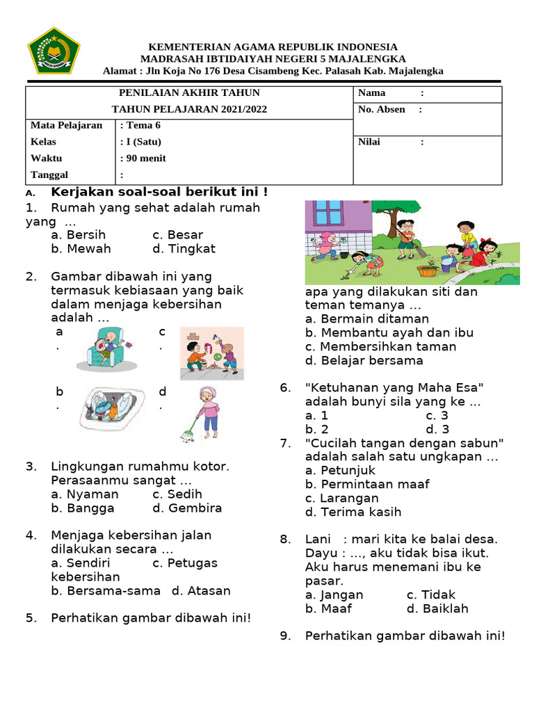 Soal PAS Kelas 1 Tema 6 | PDF