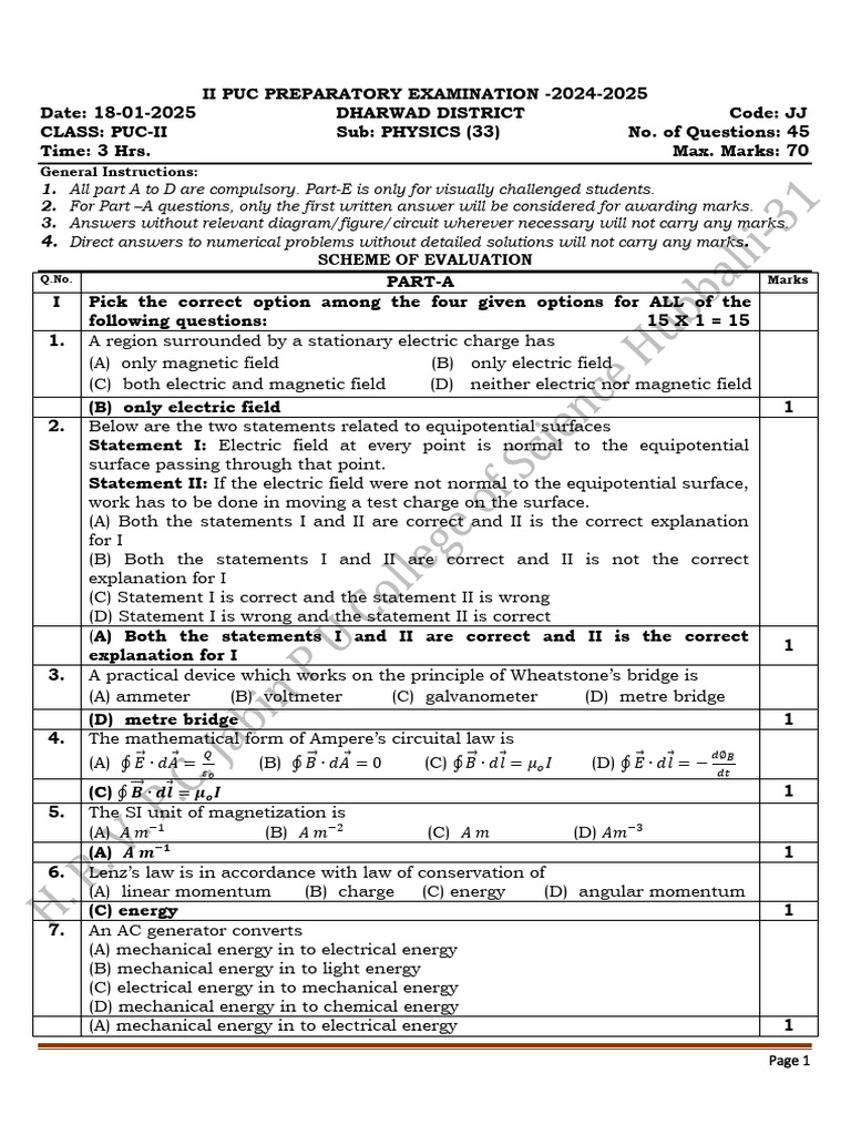 KEY Answer For Dharwad District II-PUC Preparatory Paper - 2025 | PDF ...