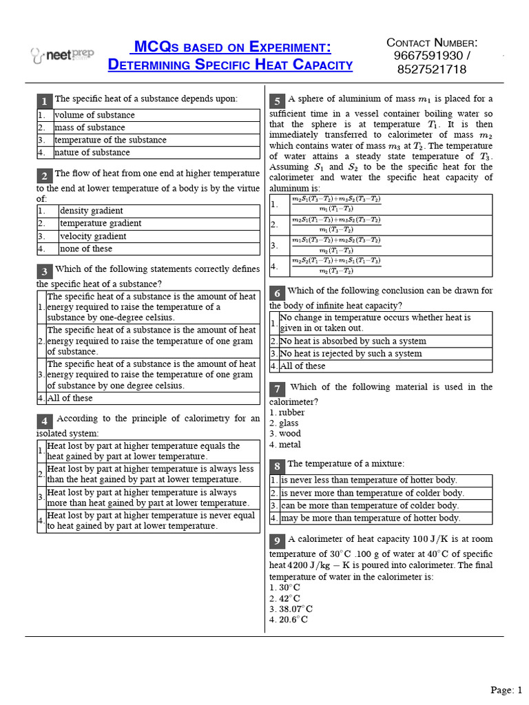 MCQs Based On Experiment - Determining Specific Heat Capacity | PDF ...