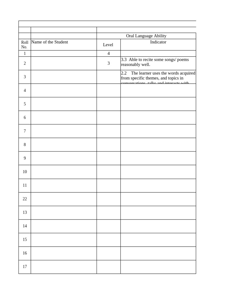 Enrty Level Assessment Class 1-1 | PDF