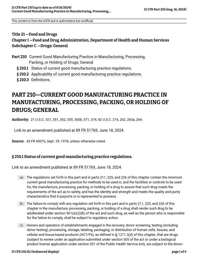 21 CFR Part 210 (Up To Date As of 8-16-2024) | PDF | Sampling ...