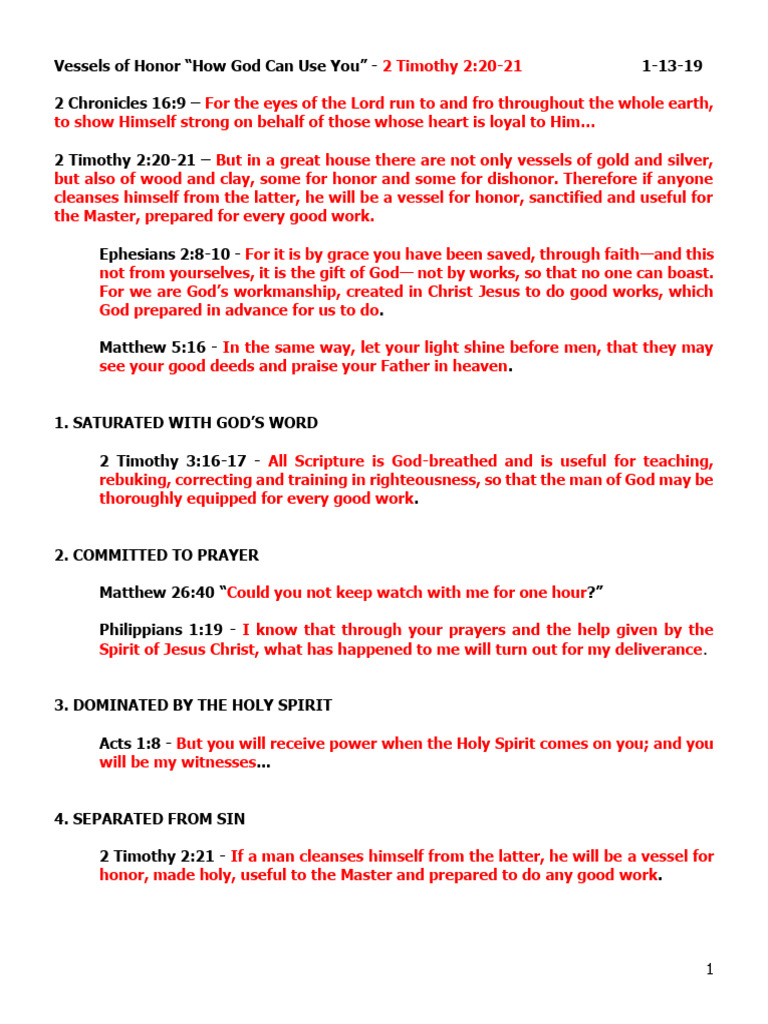 Vessels of Honor Outline How God Can Use You 2 Timothy 2 | PDF | Systematic Theology | Abrahamic ...