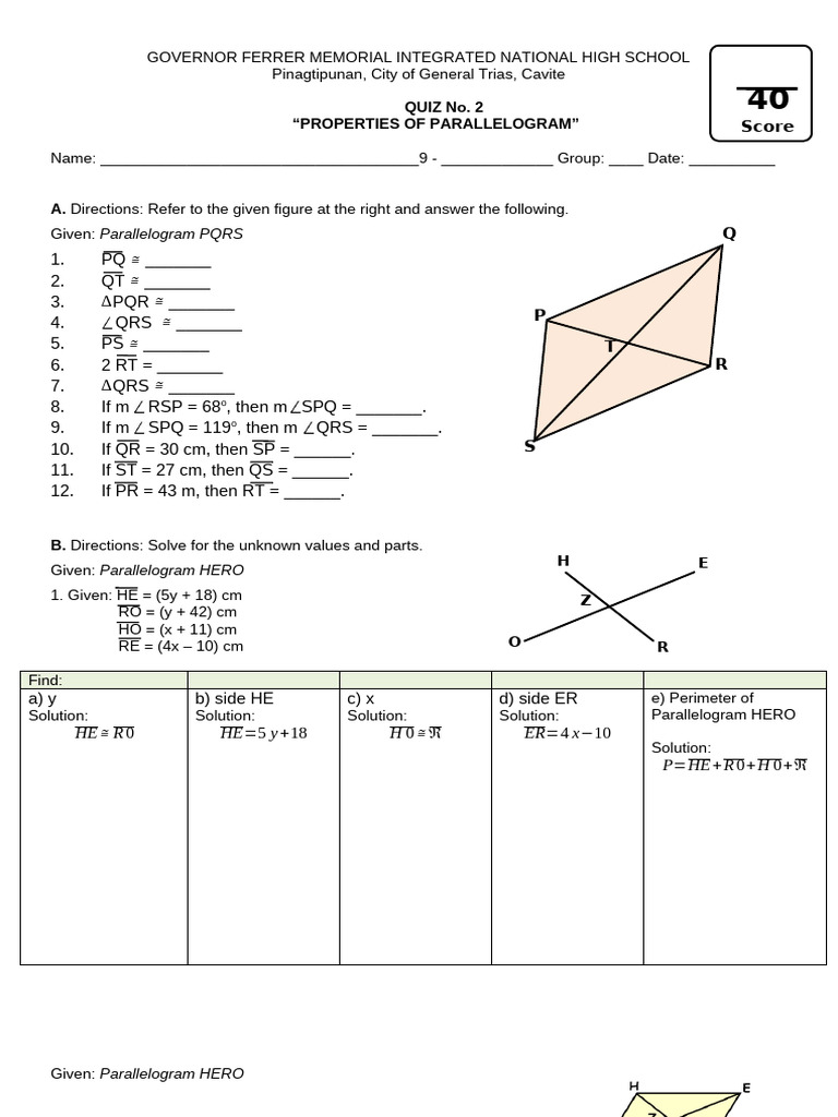 Quiz 2PROPERTIES OF PARALLELOGRAM EDITED | PDF