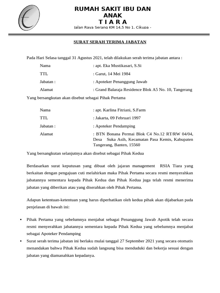 Surat Serah Terima Jabatan | PDF