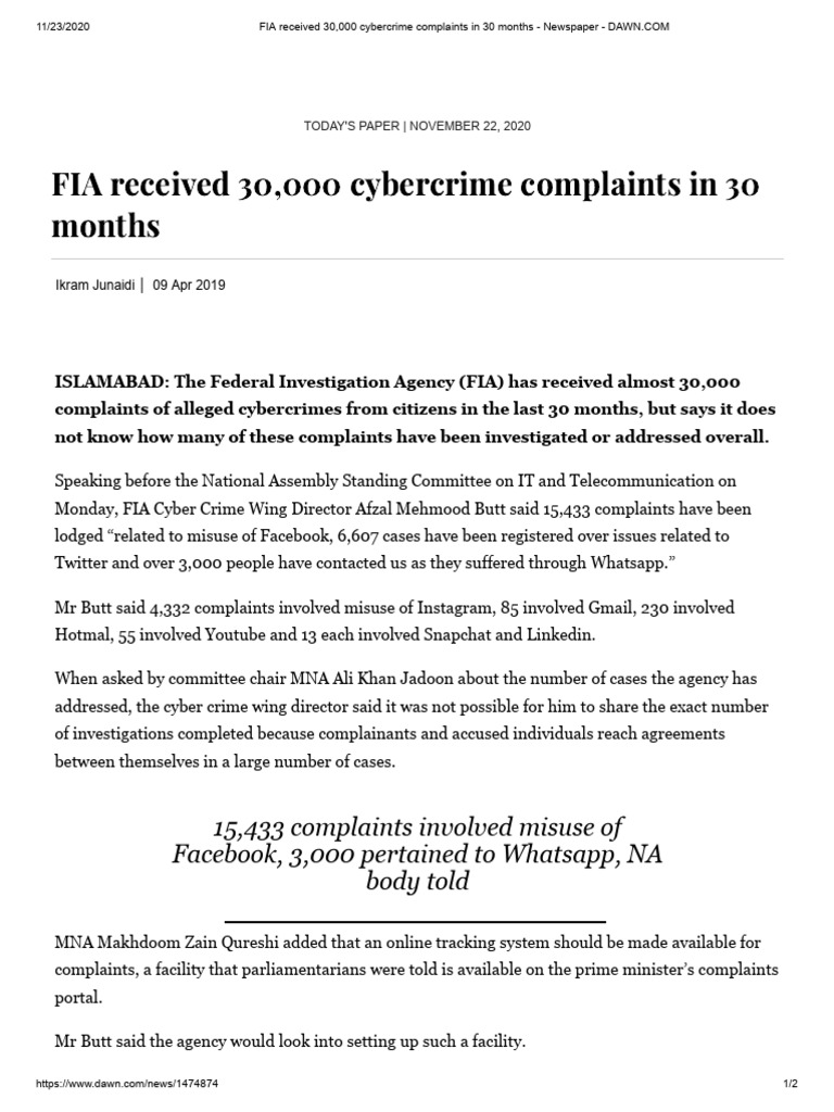 FIA Received 30,000 Cybercrime Complaints in 30 Months - Newspaper ...