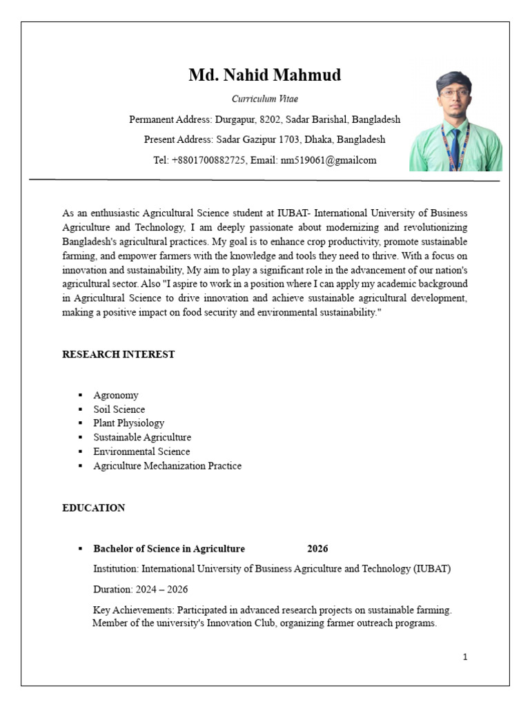 Agricultural Science CV: Md. Nahid Mahmud | PDF | Agriculture | Sustainable Agriculture