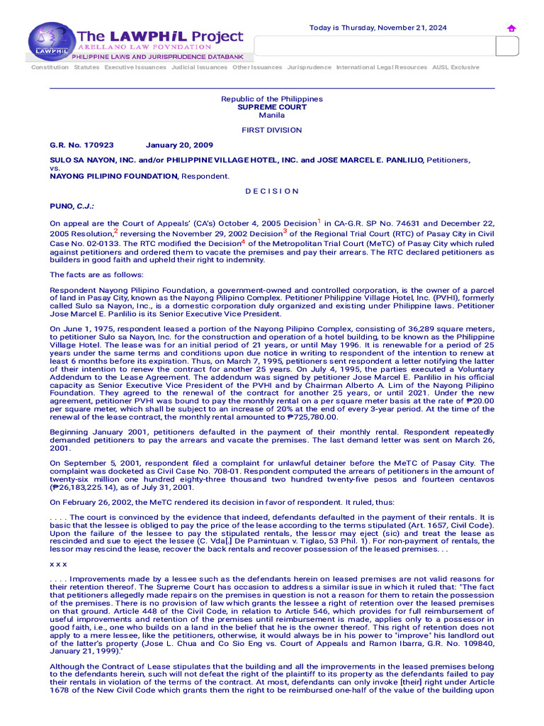 Sulo Sa Nayon Inc. Et. Al. V Nayong Pilipino Foundation | PDF | Lease | Lawsuit