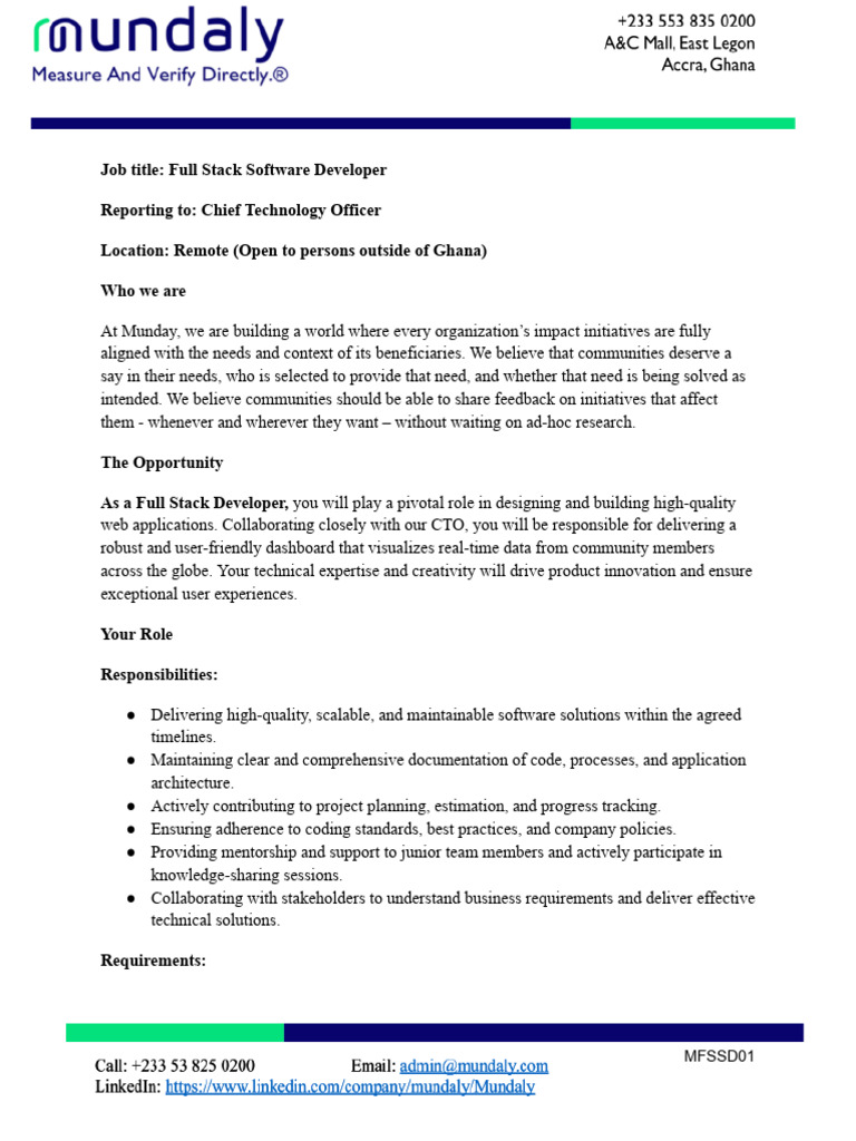 Full Stack Developer Position at Munday | PDF | Software | Software Development Process