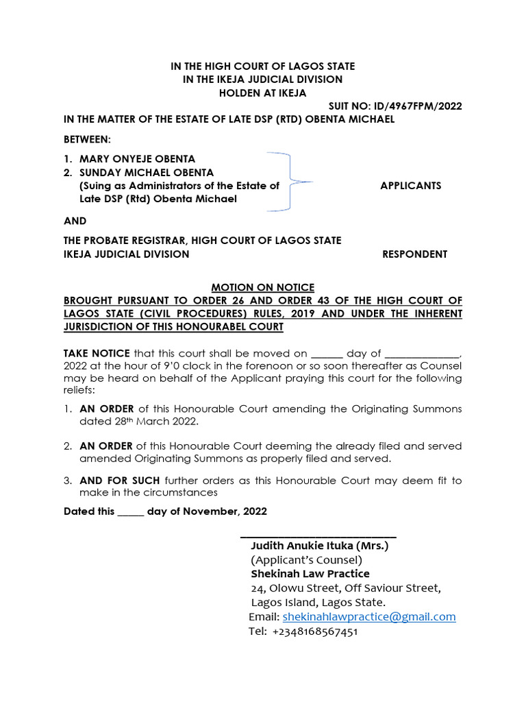 Motion for Amendment in Estate Case | PDF | Lawsuit | Summons