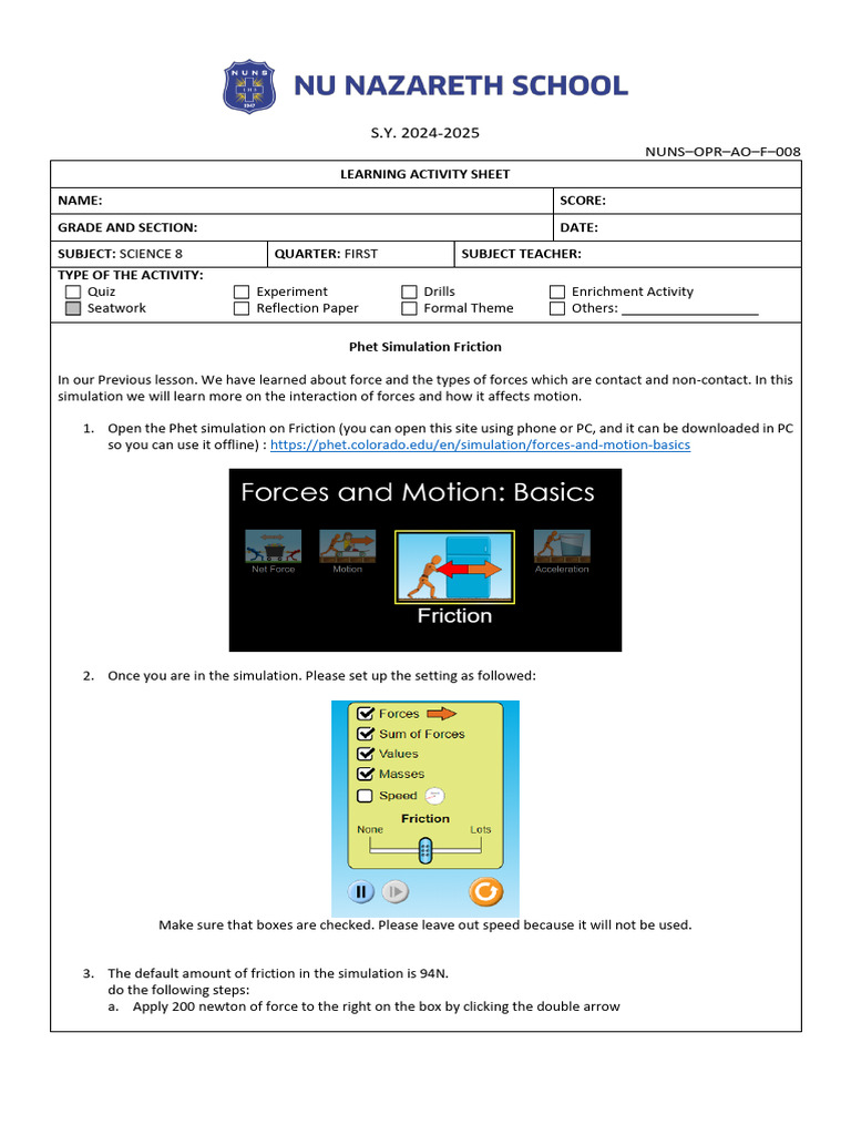G8 Friction Phet Lab | PDF | Force | Friction