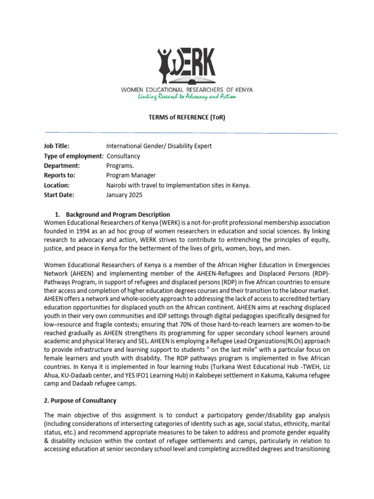 CONSULTANCY TOR - International Gender& Disability Expert - AHEEN | PDF ...