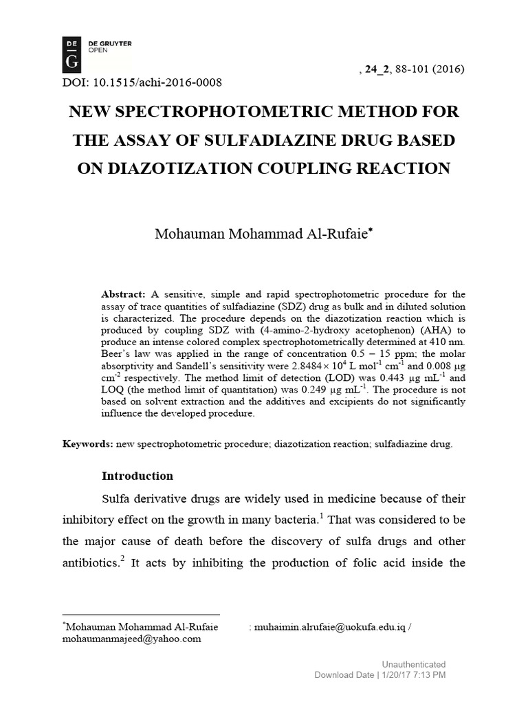 New Spectrophotometric Method for Sulfadiazine | PDF | Sodium Hydroxide ...