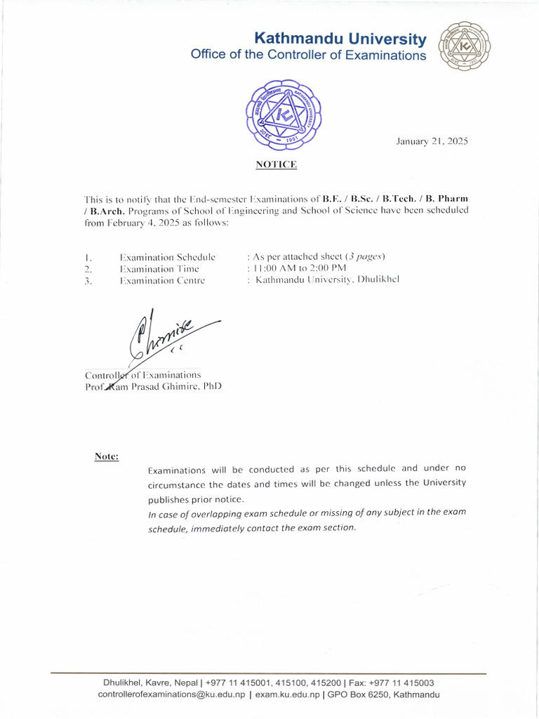 Schedule Notice For UNG End Semester Examinations of SoS SoE | PDF