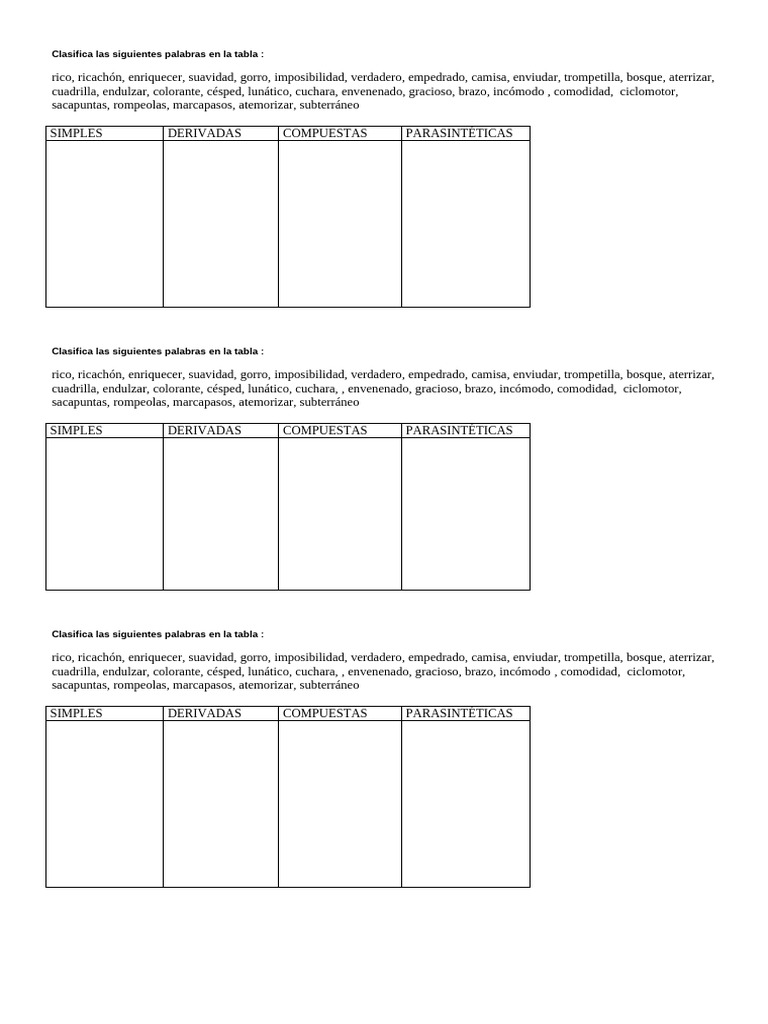 Clasifica Las Siguientes Palabras en La Tabla | PDF
