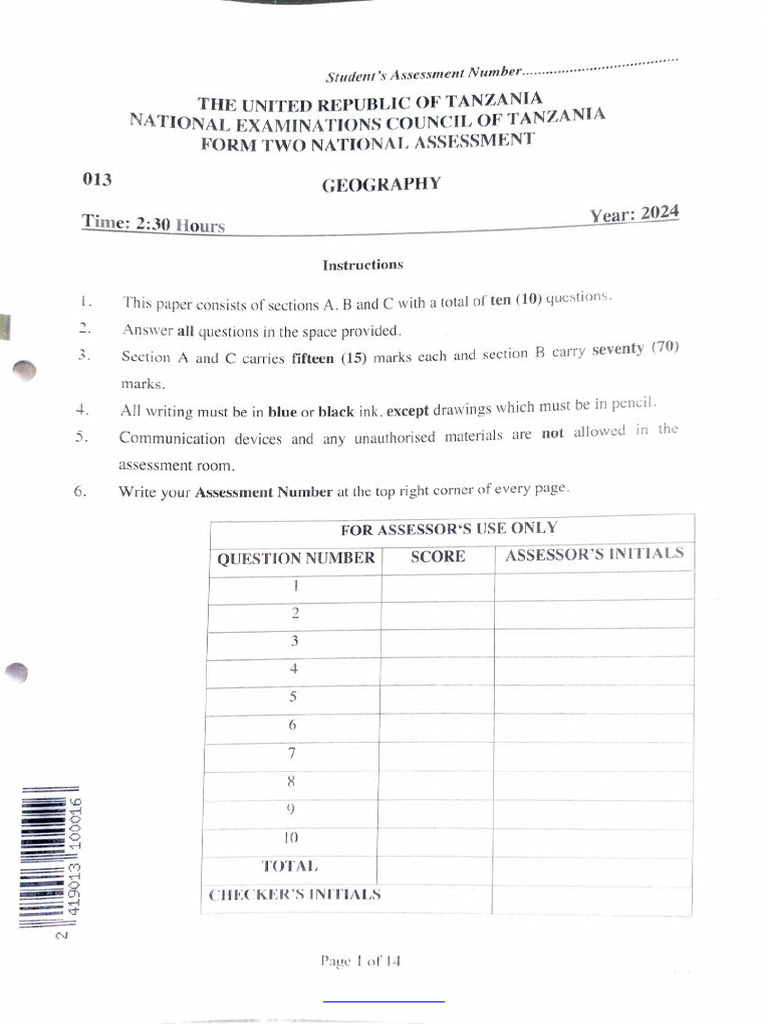 Form Two Geography NECTA 2024 Exam | PDF