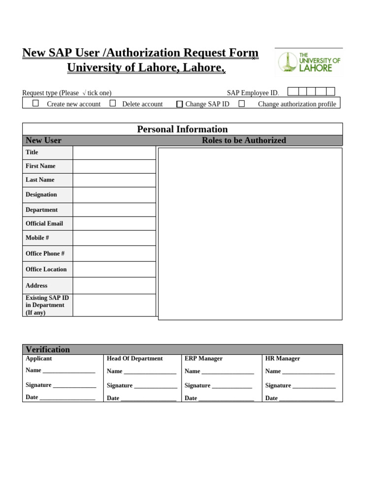 SAP User Authorization Request Form | PDF
