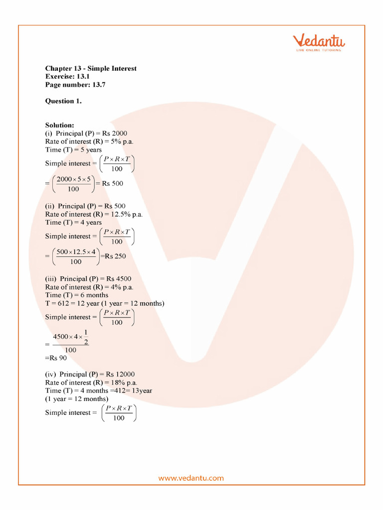 RD Sharma Class 7 Maths Solutions Chapter 13 - Simple Interest | PDF