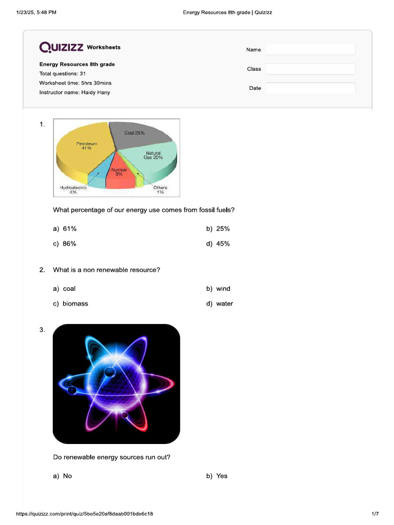 Energy Resources Quiz | PDF