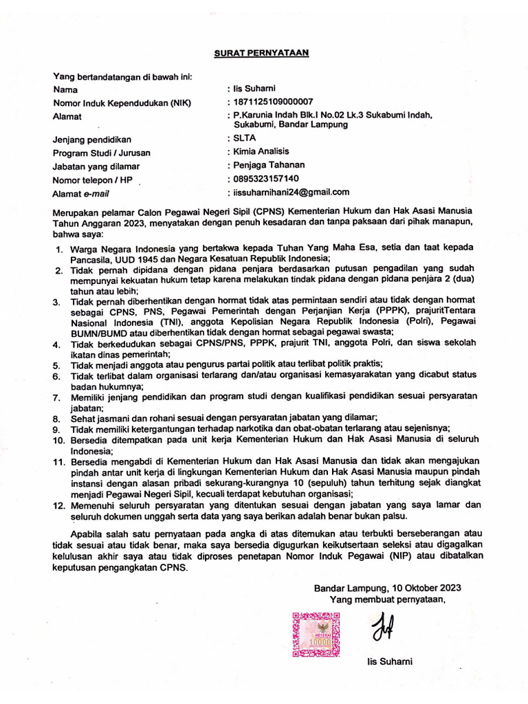 Scan Surat Pernyataan Data Diri Iis | PDF