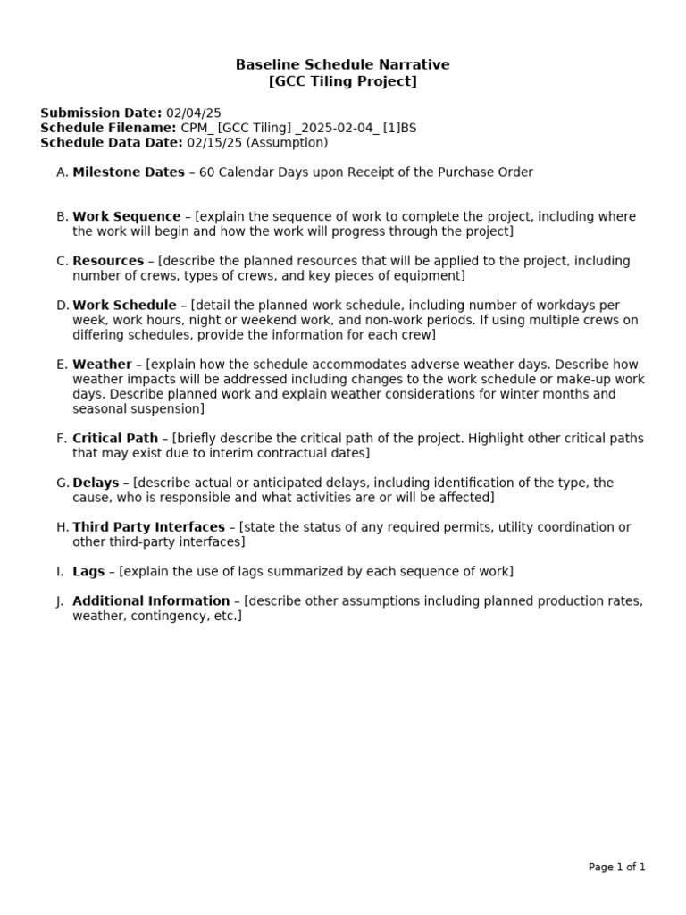 Baseline Schedule Narrative Template | PDF
