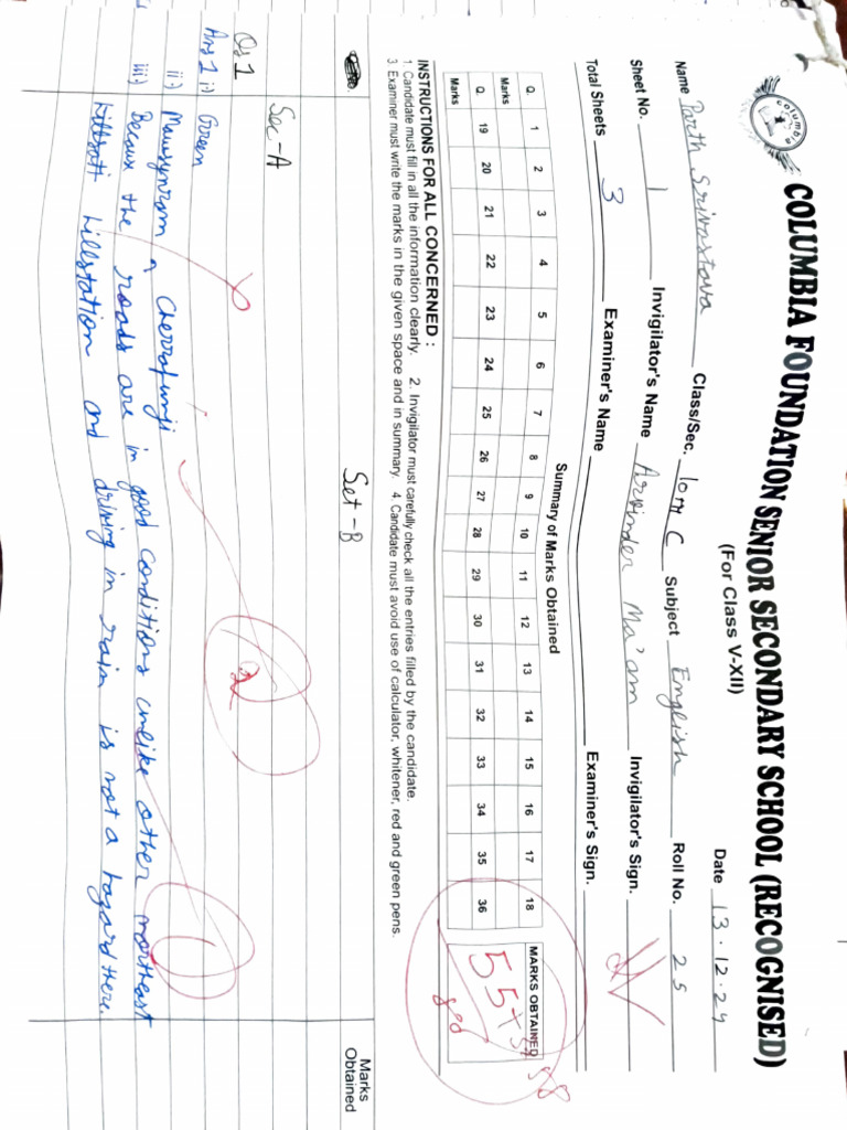 Parth Srivastava 10th C - English Pre Board 1 Answer Sheet | PDF