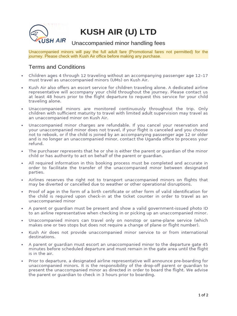Kush Air Unaccompanied Minor Policy | PDF | Aviation