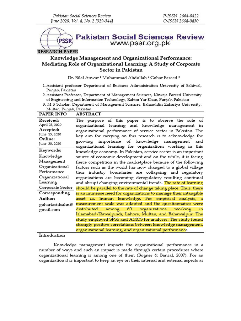 12th paper Knowledge Management and Organizational Performance Mediating Role of Organizational ...