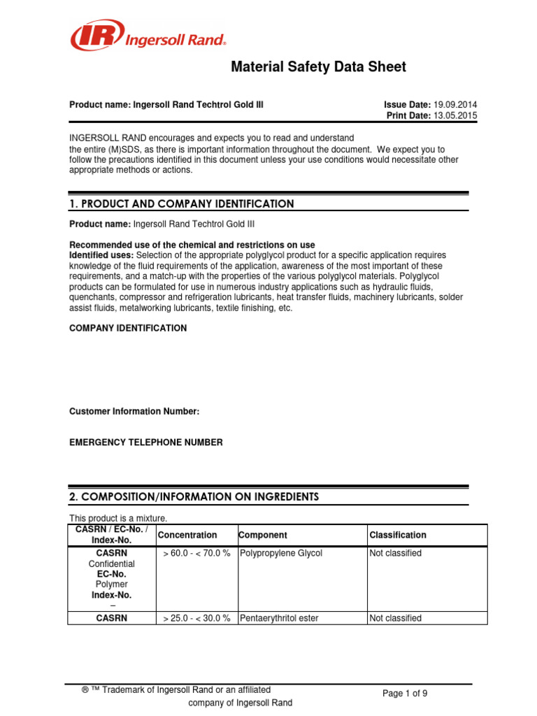 India SDS Ingersoll Rand Techtrol Gold III | PDF | Toxicity ...
