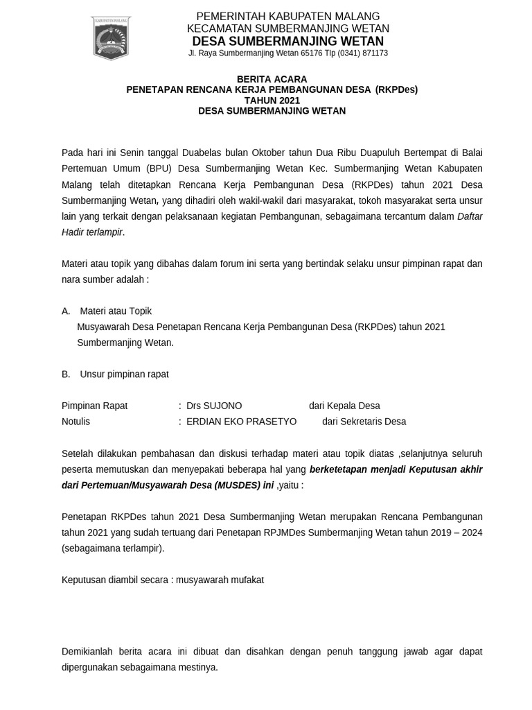 BERITA ACARA PENETAPAN RKPDes 2021 | PDF