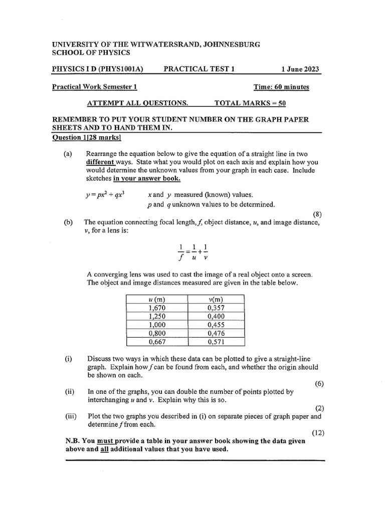 PHYS1001A Practical Test 1 2023 Questions and Solutions | PDF