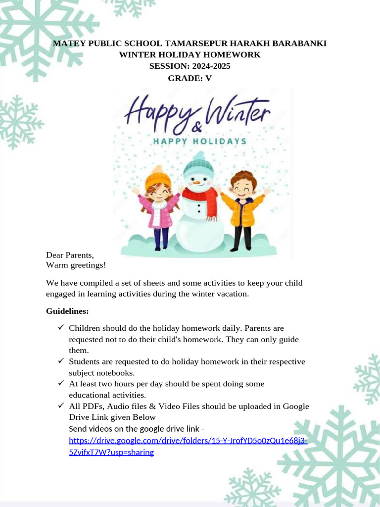 Grade V Winter Holiday Homework 2024-25 | PDF