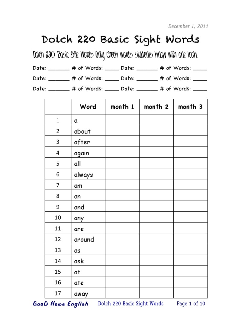 Dolch 220 Basic Sight Words Guide | PDF | Cooking, Food & Wine