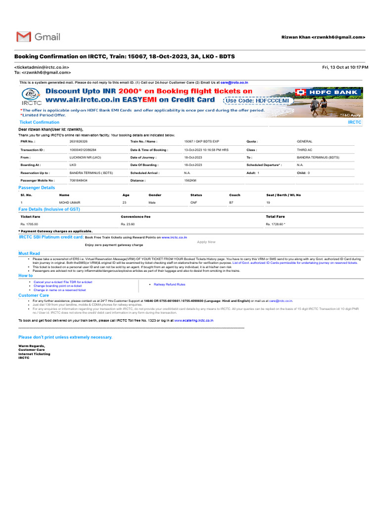 Booking Confirmation On IRCTC, Train 15067, 18-Oct-2023, 3A, LKO - BDTS ...