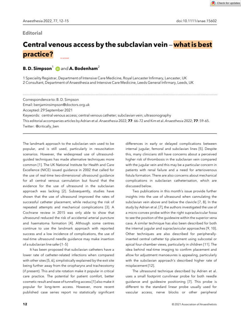 Best Practices for Subclavian Venous Access | PDF | Vein | Medical ...