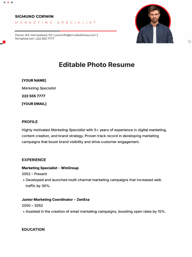 Editable Photo Resume Template | PDF