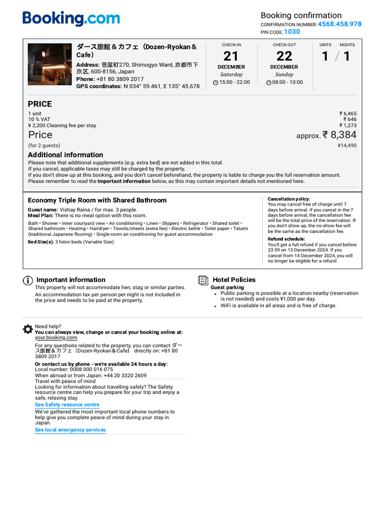 Booking Confirmation | PDF | Bathroom | Fee