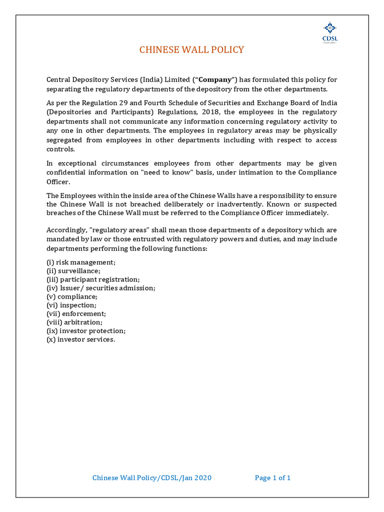 Chinese Wall Policy - Depositories | PDF