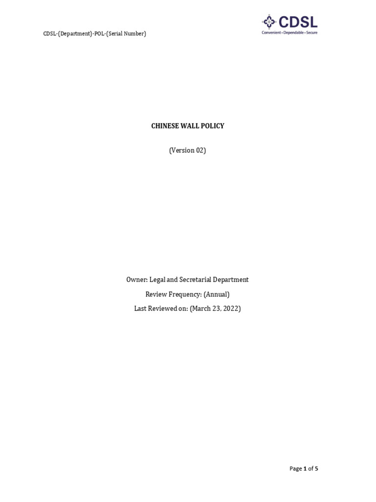 CDSL - Chinese Wall Policy | PDF | Board Of Directors | Securities (Finance)