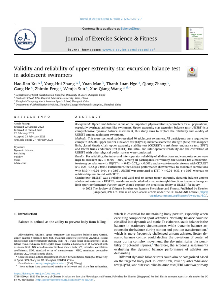 Validity and Reliability of Upper Extremity Star Excursion Balance Test ...
