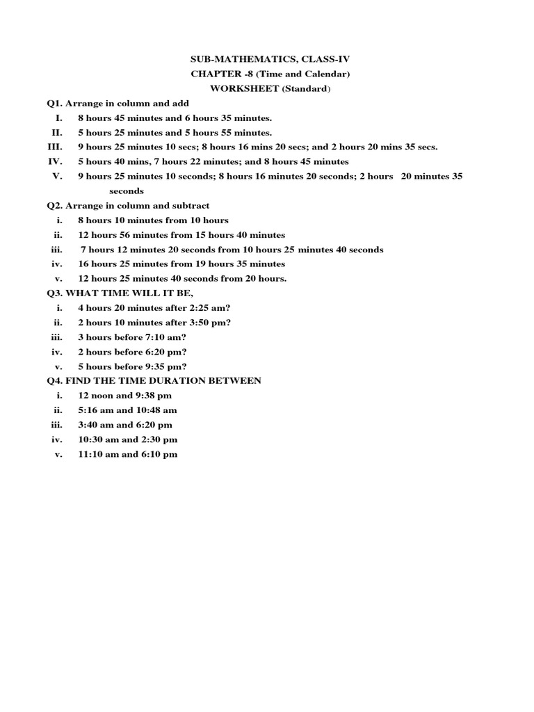 Class 4 Time & Calendar Worksheet | PDF