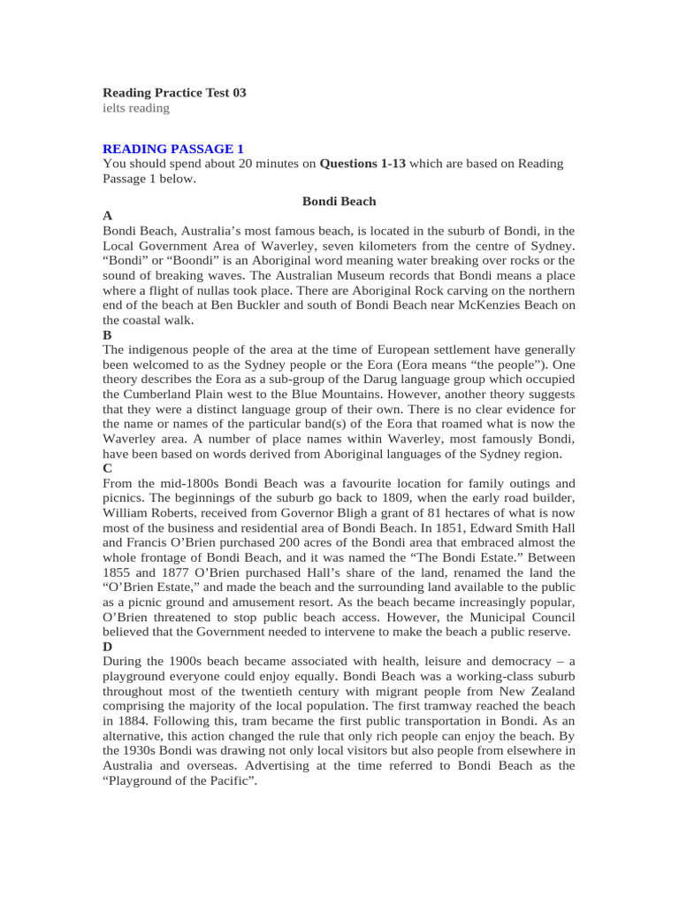Bondi Beach Reading Practice Answers | PDF | Antarctica | Oceans