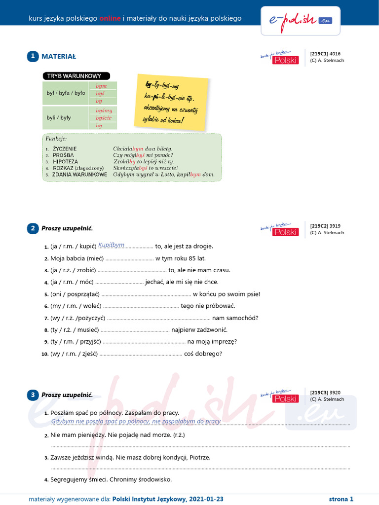 Tryb Warunkowy Ćwiczenia | PDF