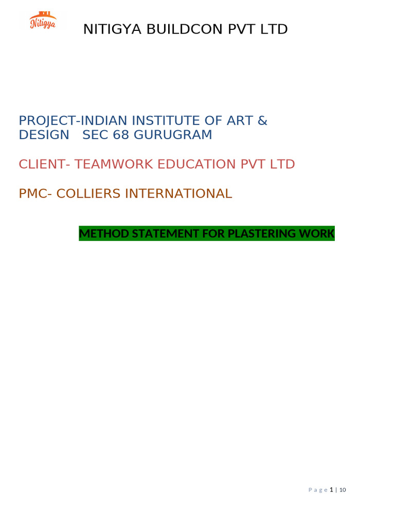 Plastering Method Statement | PDF | Mortar (Masonry) | Plaster