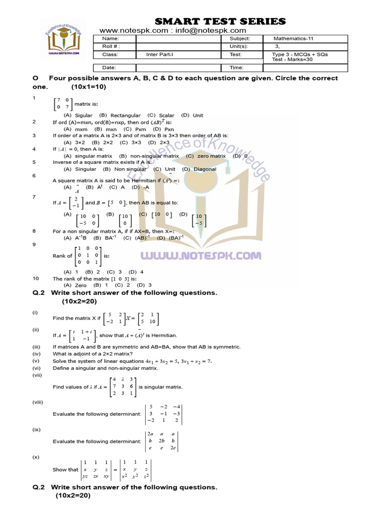 11th Maths Chapter 3 Test 2 MCQSSQ | PDF | Matrix (Mathematics ...