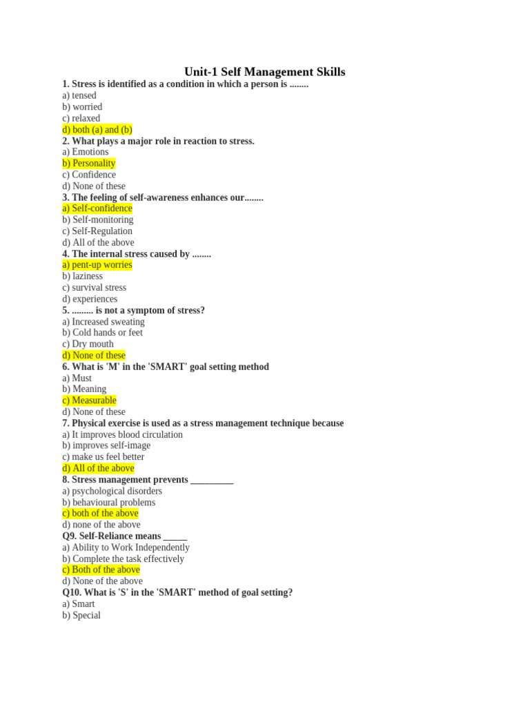 Worksheet Answer Keys Chapter-2 Self Management Skills | PDF | Stress (Biology) | Feeling