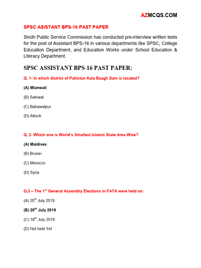 Assistant BPS-16 Past Paper SPSC | PDF