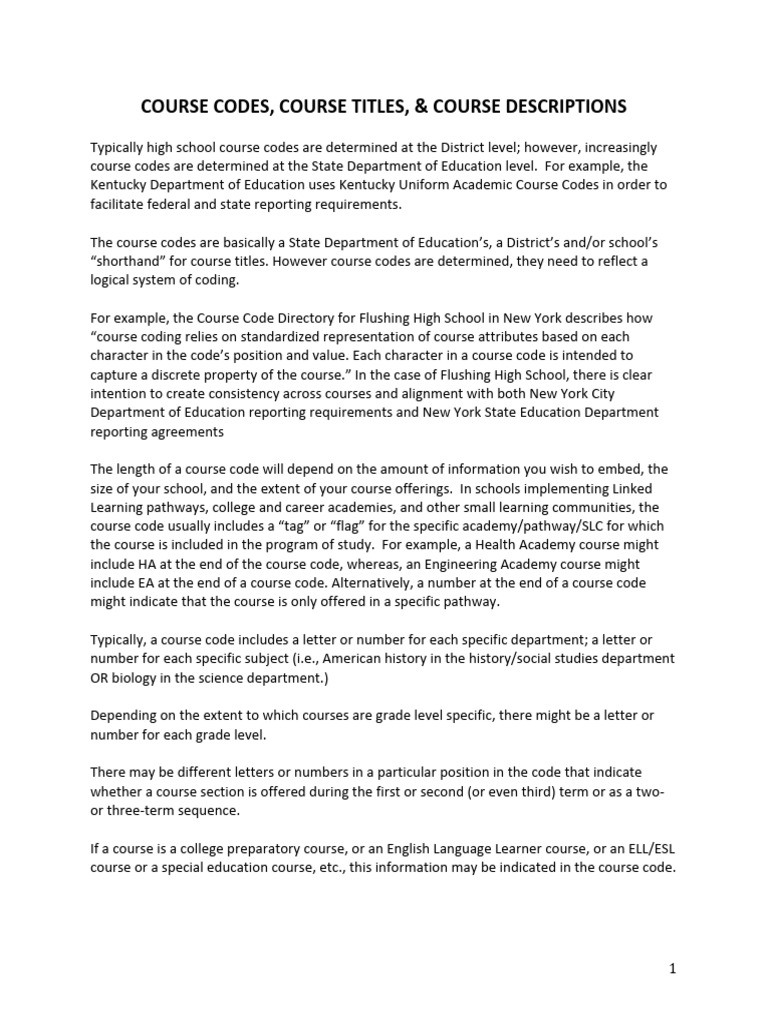 S1 Course Codes Titles Descriptions | PDF