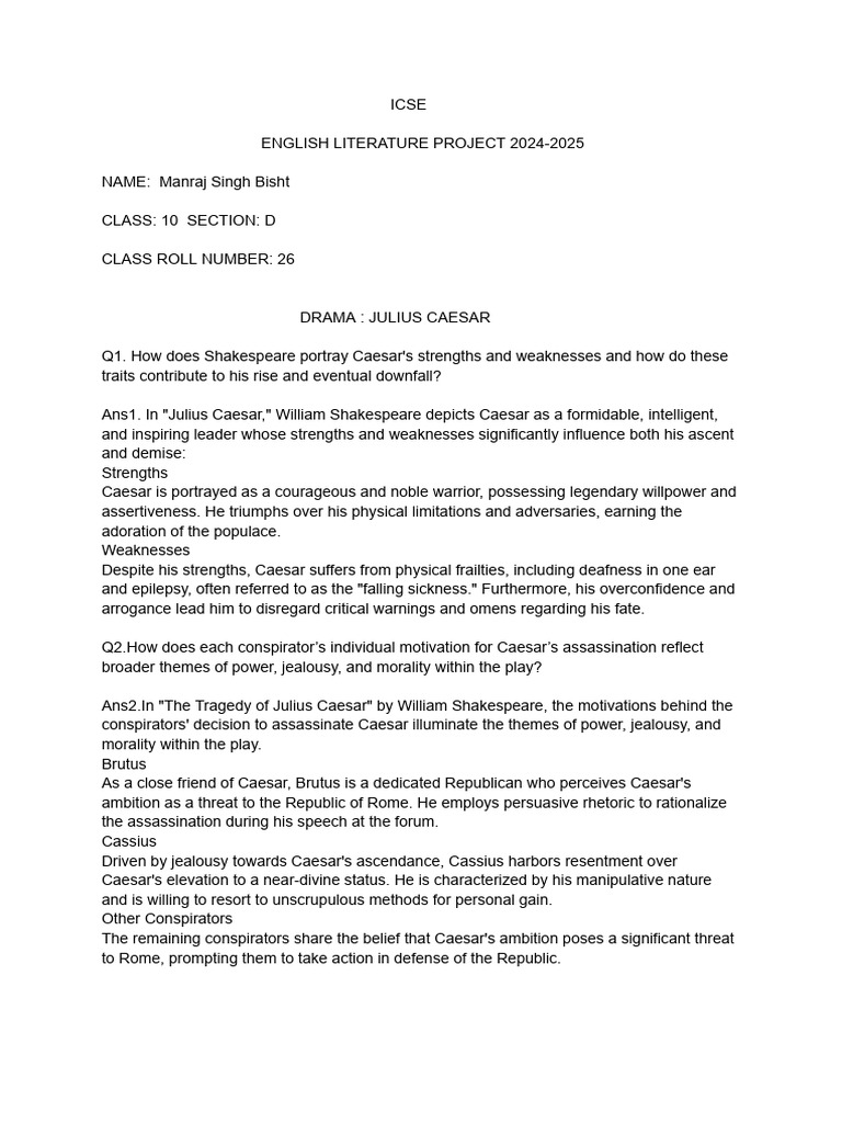 ENGLISH LITERATURE PROJECT | PDF | Julius Caesar | Grief