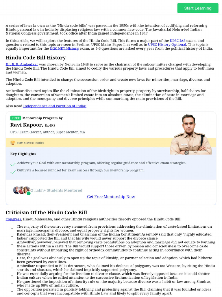 Hindu Code Bill_ Role of Ambedkar and Other Important Notes! | PDF